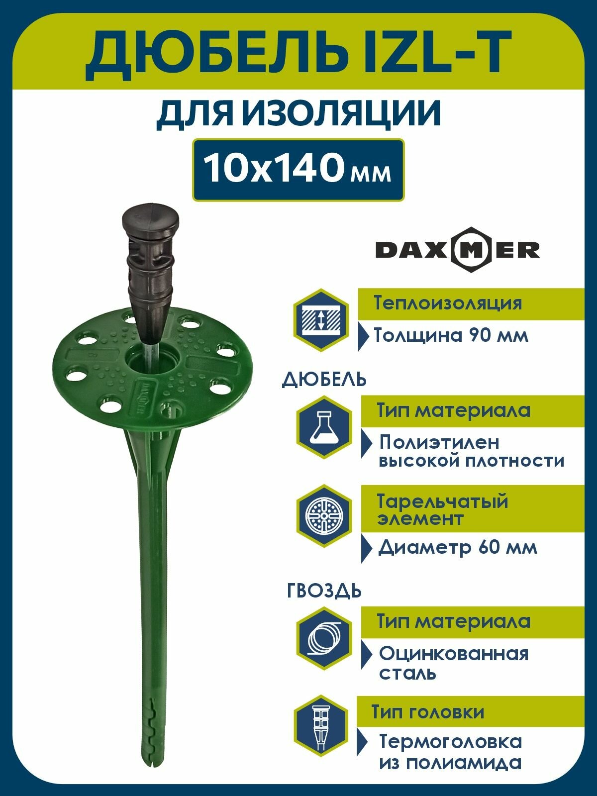 Дюбель для теплоизоляции IZL-T 10х140 (50шт) с металлическим гвоздем с термоголовкой ИЗМ