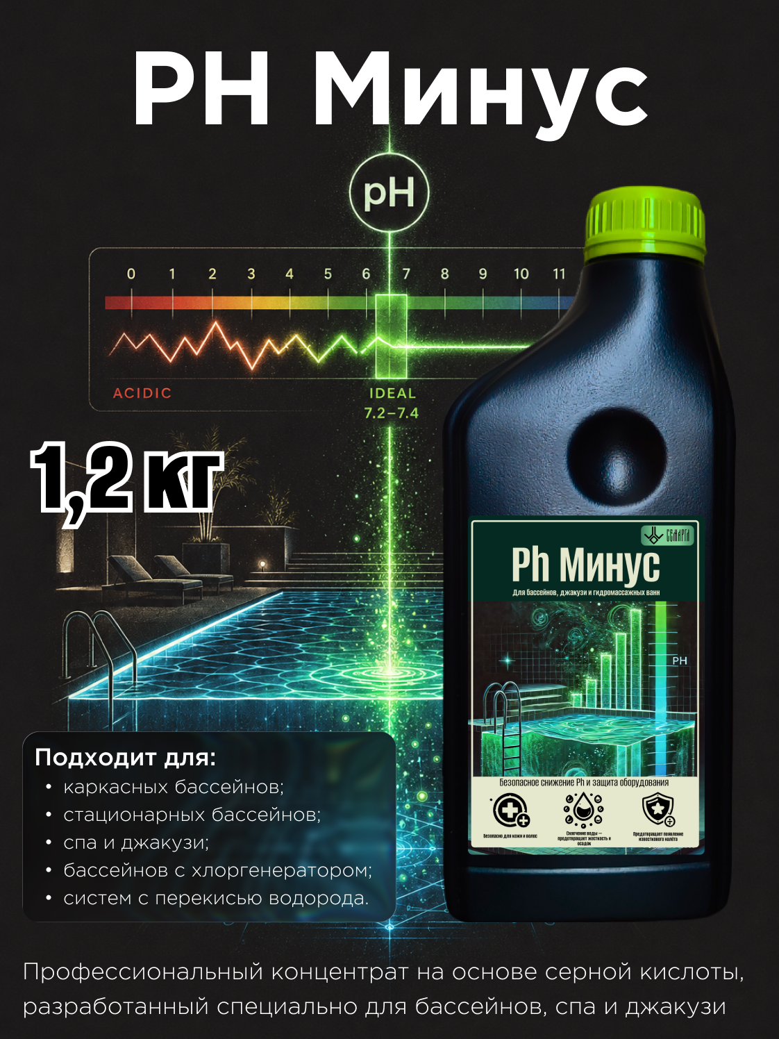 Ph минус, химия для понижения уровня pH бассейна. Концентрат 1л