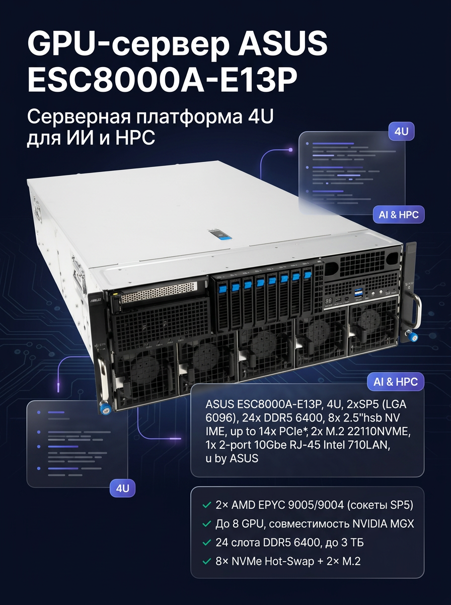 Серверная платформа ASUS ESC8000A-E13P, 2x SP5 (LGA 6096), 24x DDR5, 8x 2.5 NVMe, до 14x PCIe 5.0, 2x 10GbE