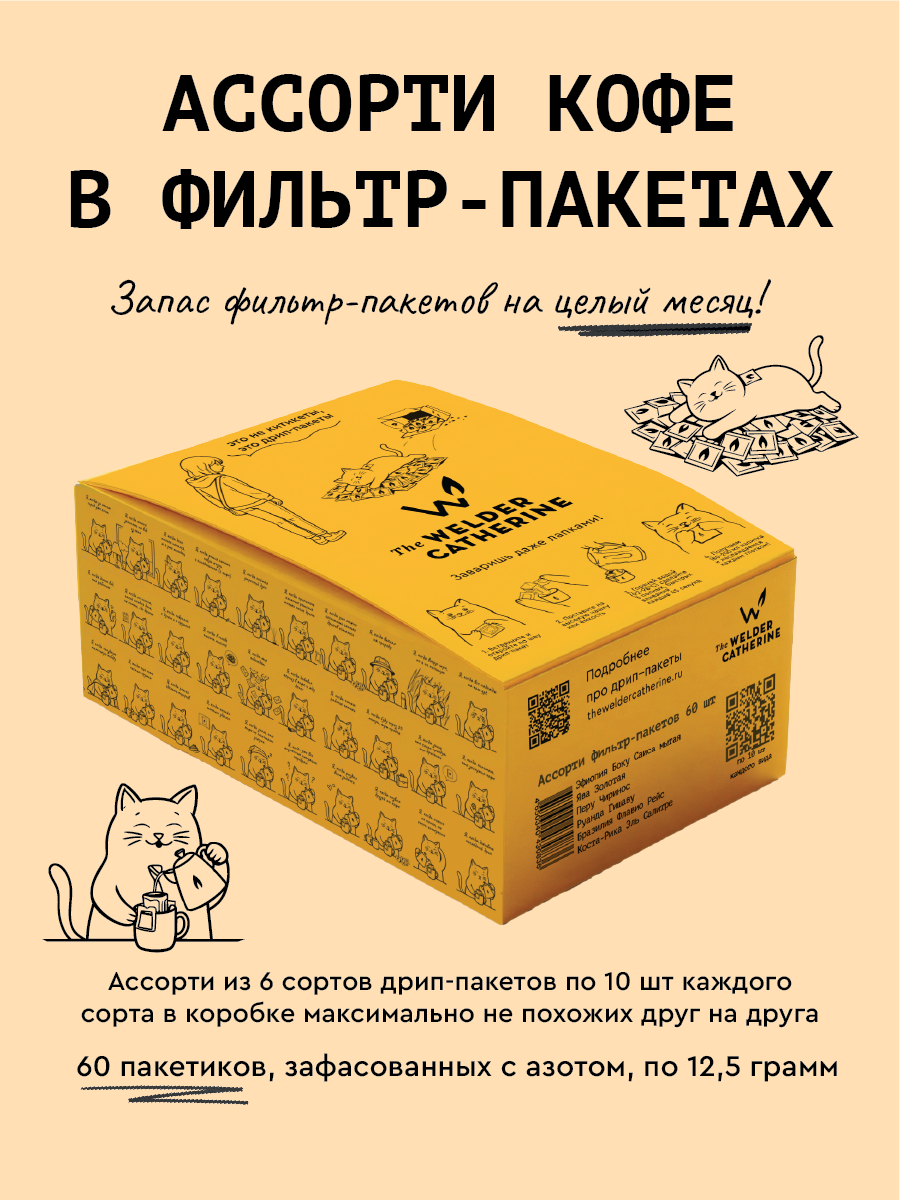 Кофе молотый в фильтр-пакетах Сварщица Екатерина "Ассорти фильтр-пакетов", 60 пакетиков