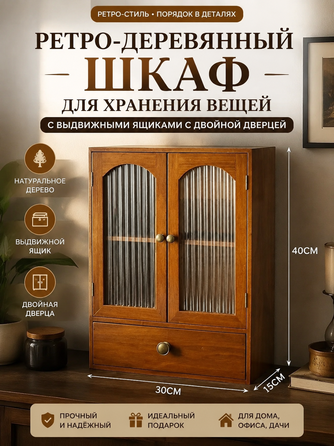 Ретро-деревянный шкаф для хранения вещей, Шкаф с выдвижными ящиками с двойной дверцей