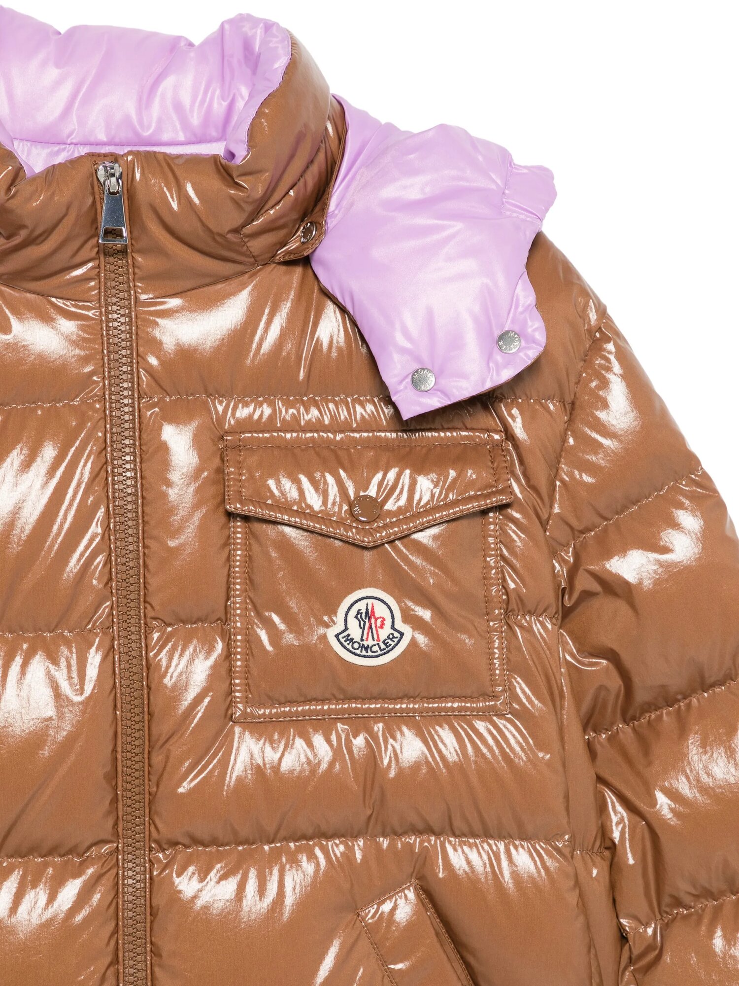 Куртка Moncler Logo-patch quilted zip-up hooded jacket, размер 10 лет, коричневый/серый/оранжевый — фото 1