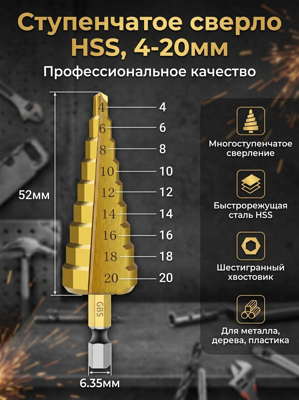 Ступенчатое сверло по дереву 4-20