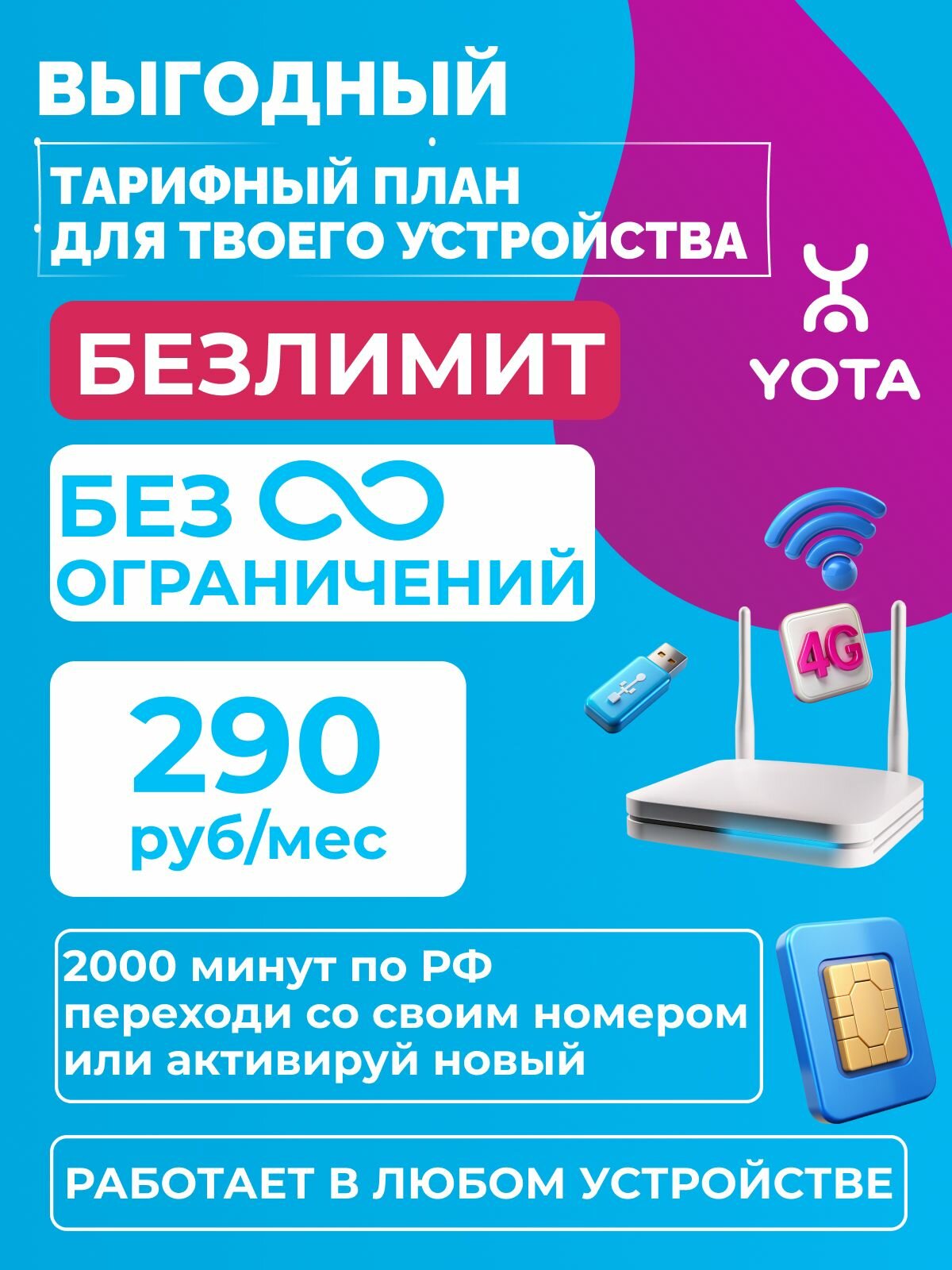 SIM-карта Yota безлимитный интернет для модема, роутера, смартфона, планшета, камер 4G наблюдения, GSM-трекеров, умных устройств. Ограниченное количество! Есть переход со своим номером