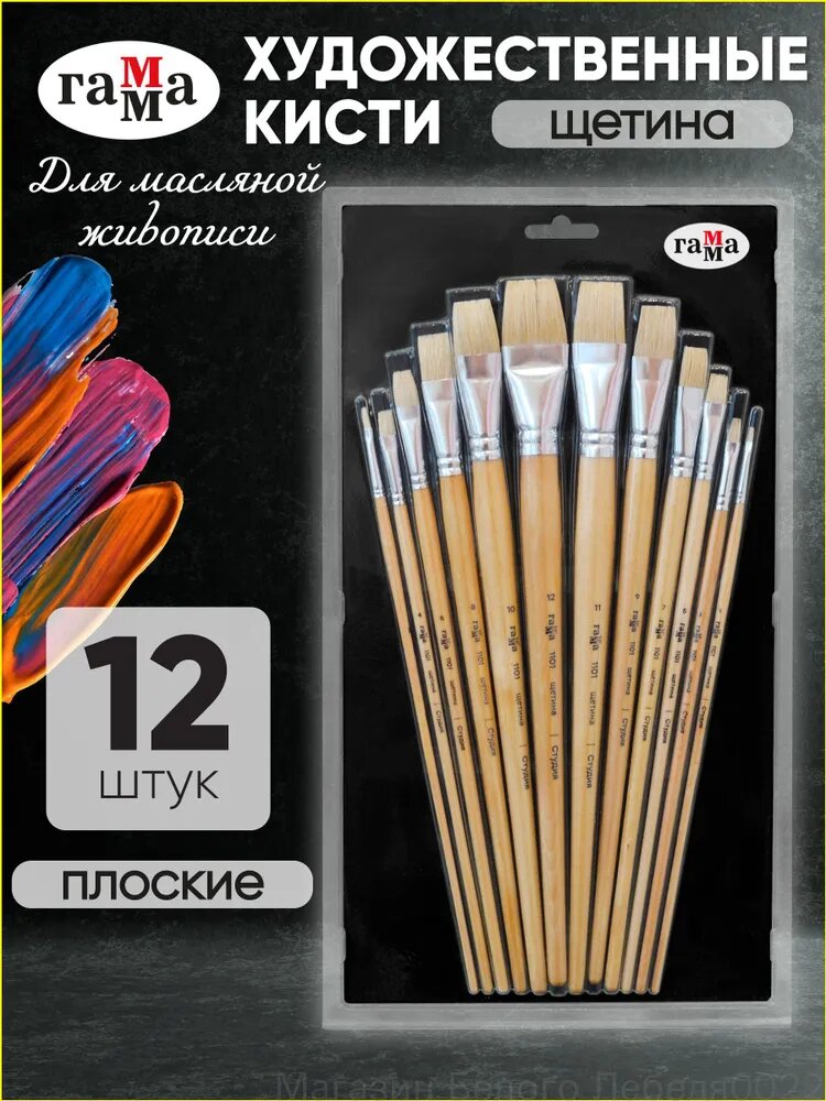 Кисть для рисования Плоскоовальная №1, 12 шт.