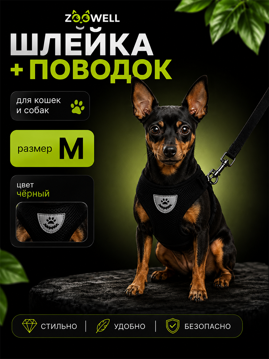 Шлейка с поводком для кошек и собак ZooWell, универсальная, размер M, черная