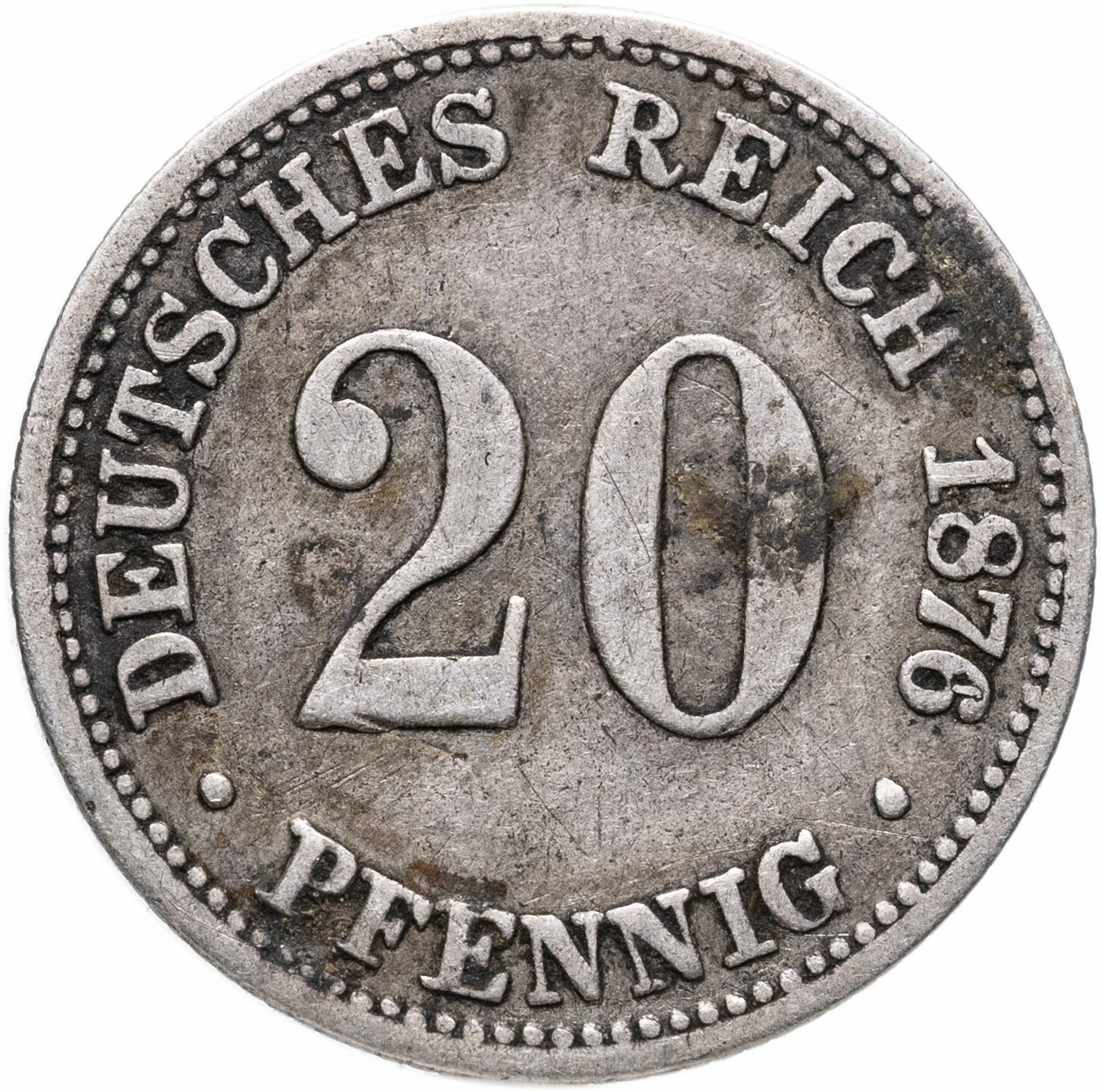 Германская империя 20 пфеннигов pfennig 1876, знак монетного двора: "B" - Ганновер, Серебро 900, в сохранности VF