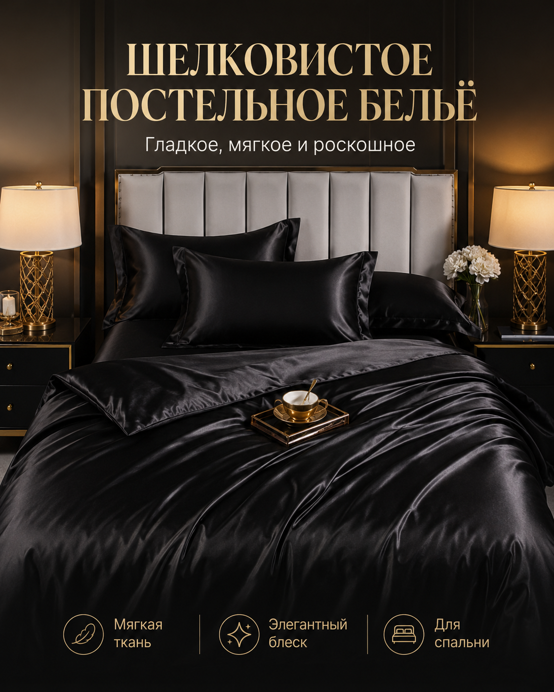 Черный【комплект из четырех предметов】Комплект постельного белья, Двуспальный, наволочки Удобный и мягкий
