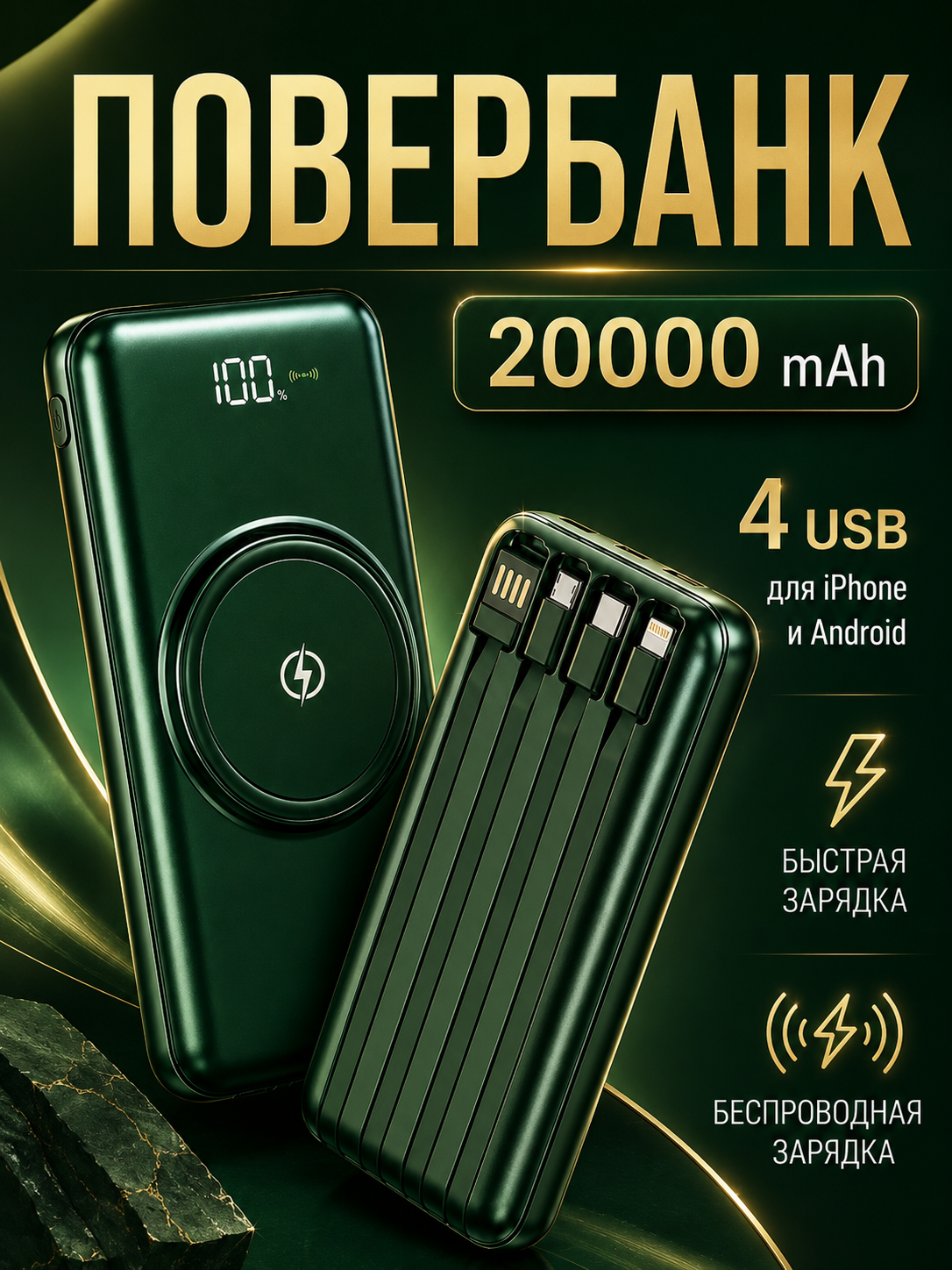 Портативный аккумулятор Магсейф 20000 mAh, Power Bank внешний портативный аккумулятор с 4 встроенными кабелями, Зеленый