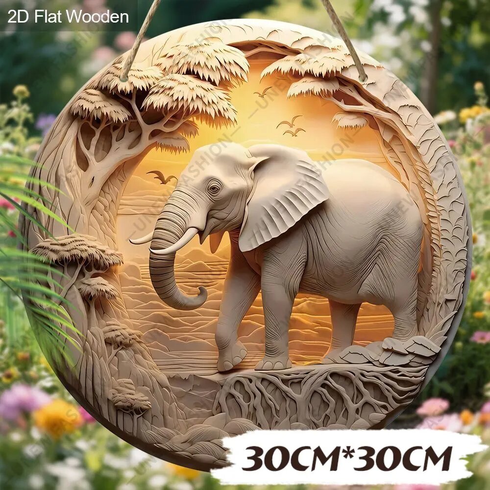 30cm*30cm, Круглая деревянная декоративная табличка с африканским слоном, Плоские 2D-изделия