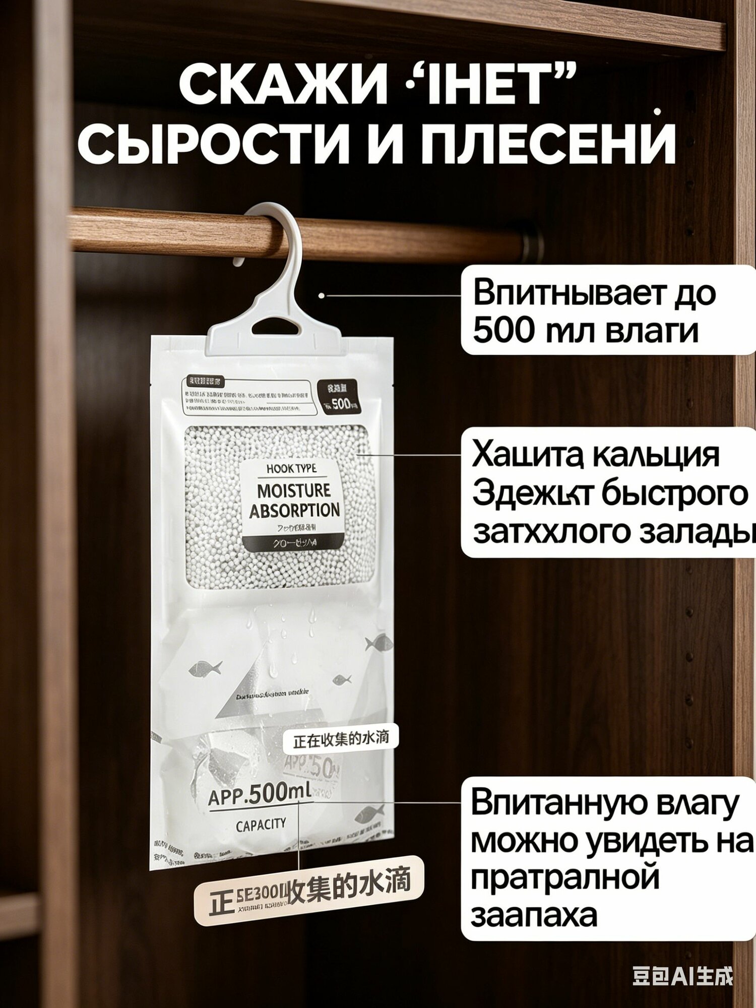Осушитель воздуха подвесной, поглотитель влаги для шкафа и гардероба - влагопоглотитель 500 мл против плесени и грибка, набор для автомобиля