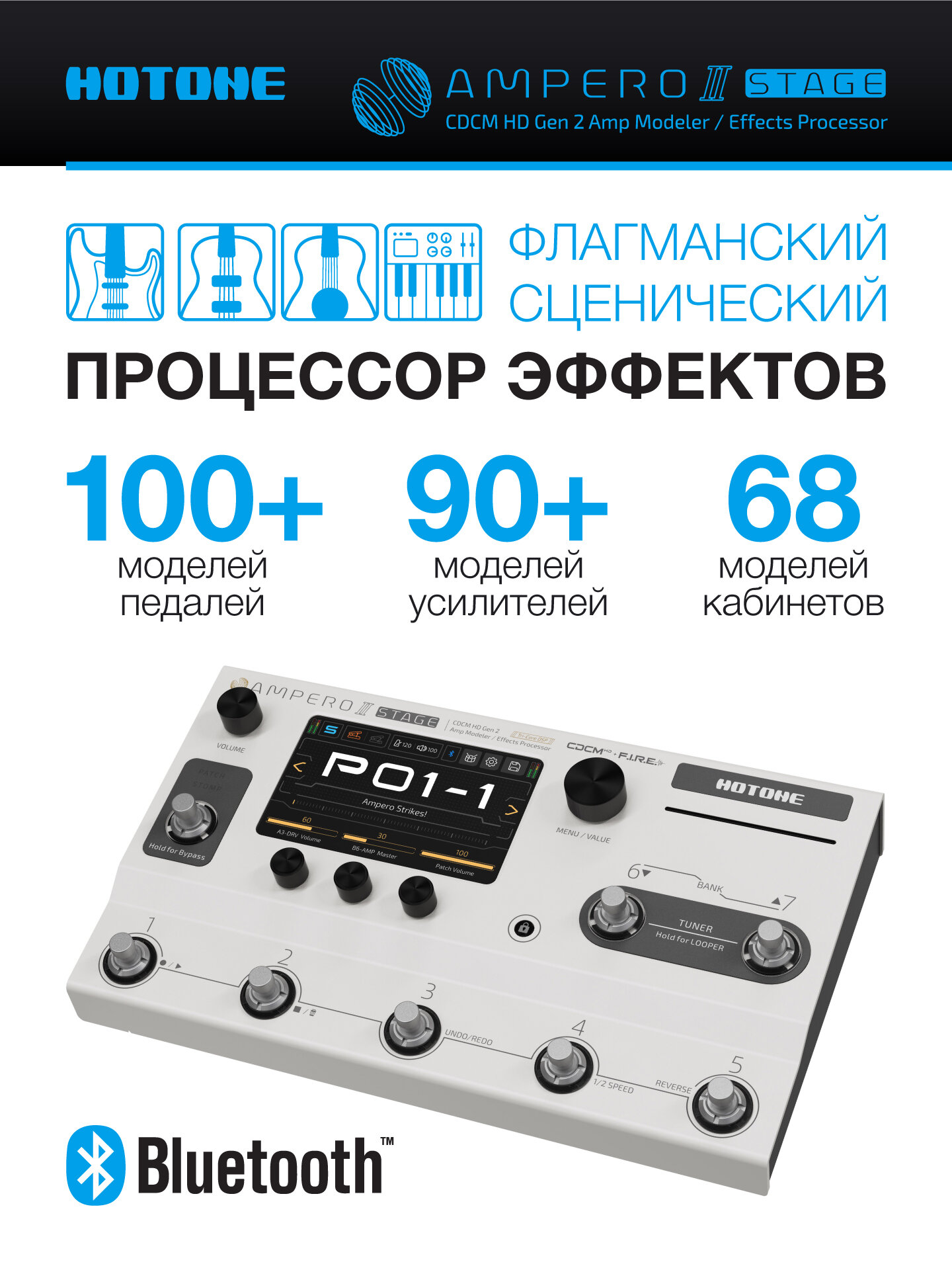 Напольный процессор эффектов Hotone Ampero II Stage, USB, встроенный Bluetooth, официальная прошивка на английском языке