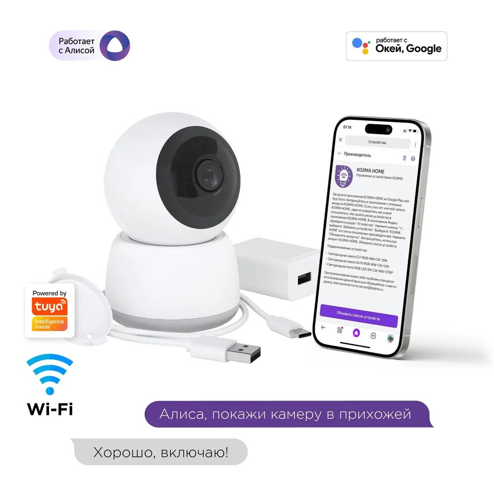 Умная камера Wi-Fi HD 360 c Яндекс Алисой, Google Assistant, поддержка карт памяти до 256Гб и облачное хранение
