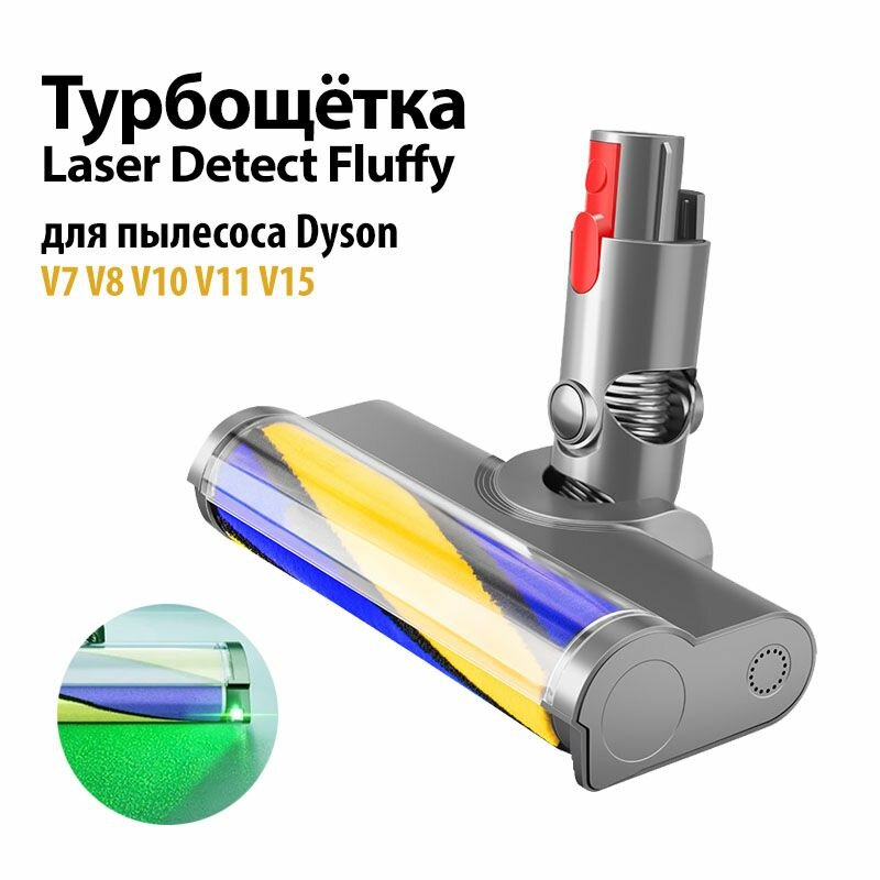 Турбощетка с мягким валиком Laser Detect для пылесосов V10 V8 V7 V11 V15. Щетка насадка с мотором, зелёной подсветкой, валиком Fluffy для уборки полов : ламинат, плитка, паркет