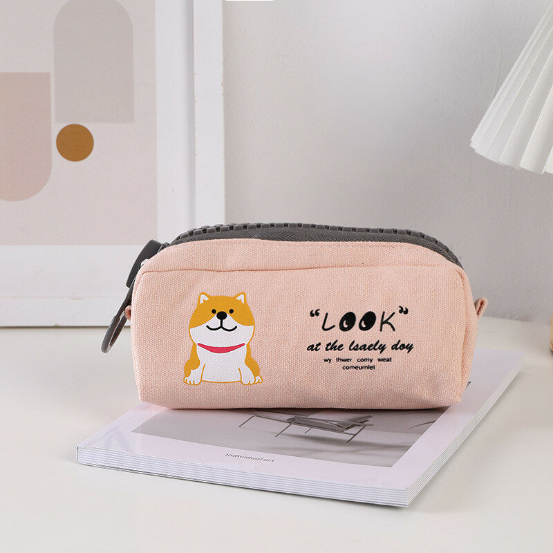 Canvas pencil case for students large capacity zipper storage bag for girls beige
