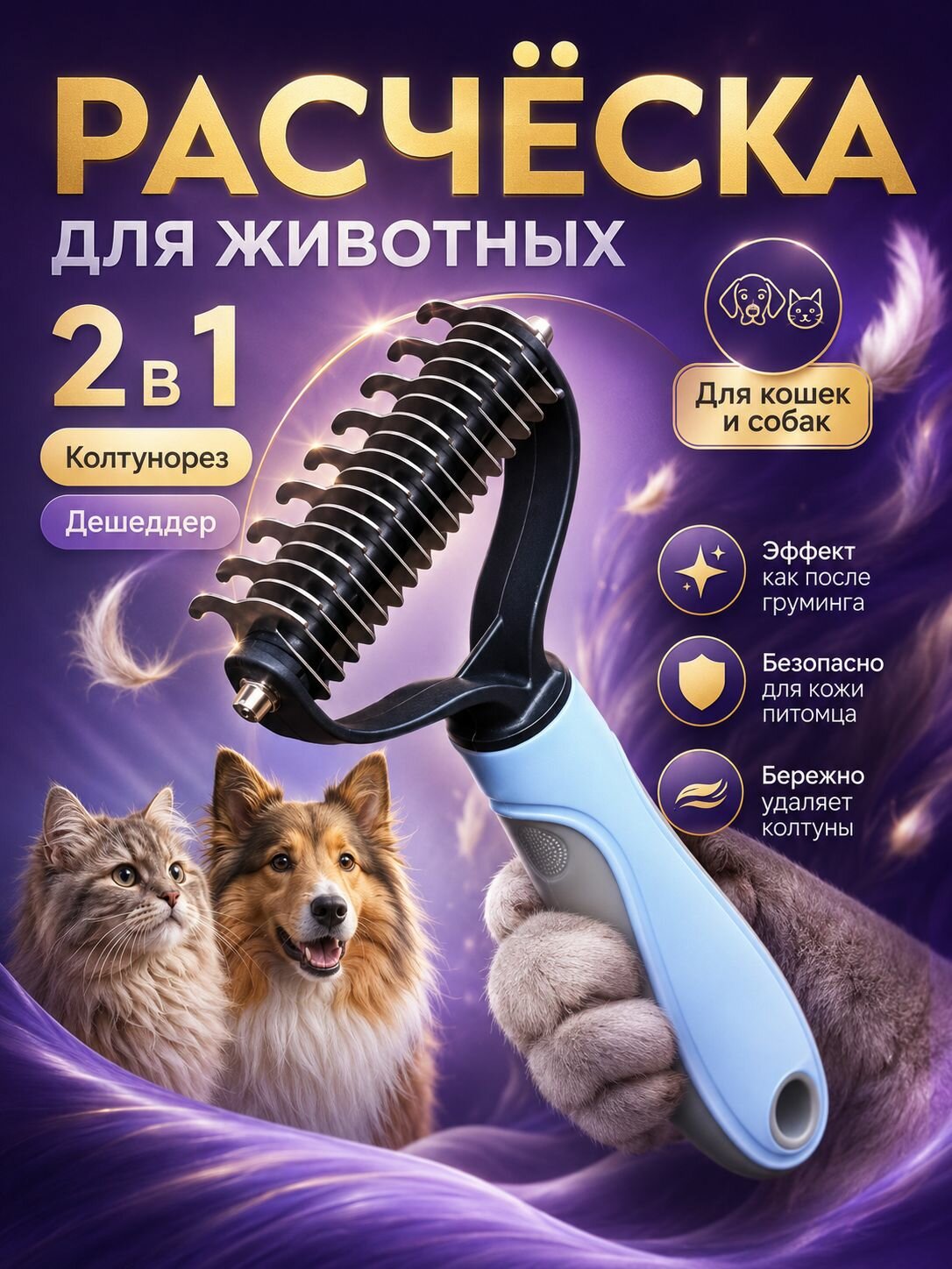 TAIMAI Расческа для кошек и собак. Колтунорез для собак, дешеддер, щетка для вычесывания, чесалка для кошек, 2в1, цвет голубой