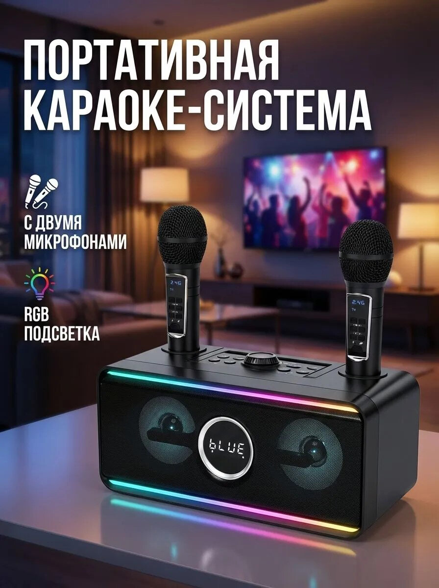 Караоке система для дома с двумя микрофонами SD-216 20 ватт, с функцией Bluetooth, AUX, USB, Черный