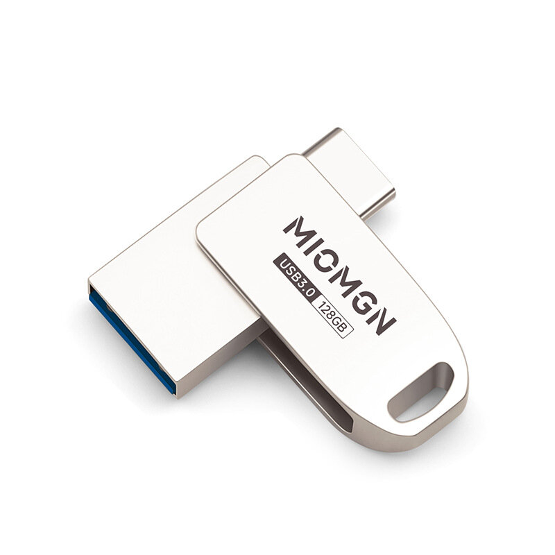 Серебристый флеш-накопитель с интерфейсами USB 3.1 и Type-C, 128 ГБ вместимости, компактный для ноутбуков и планшетов