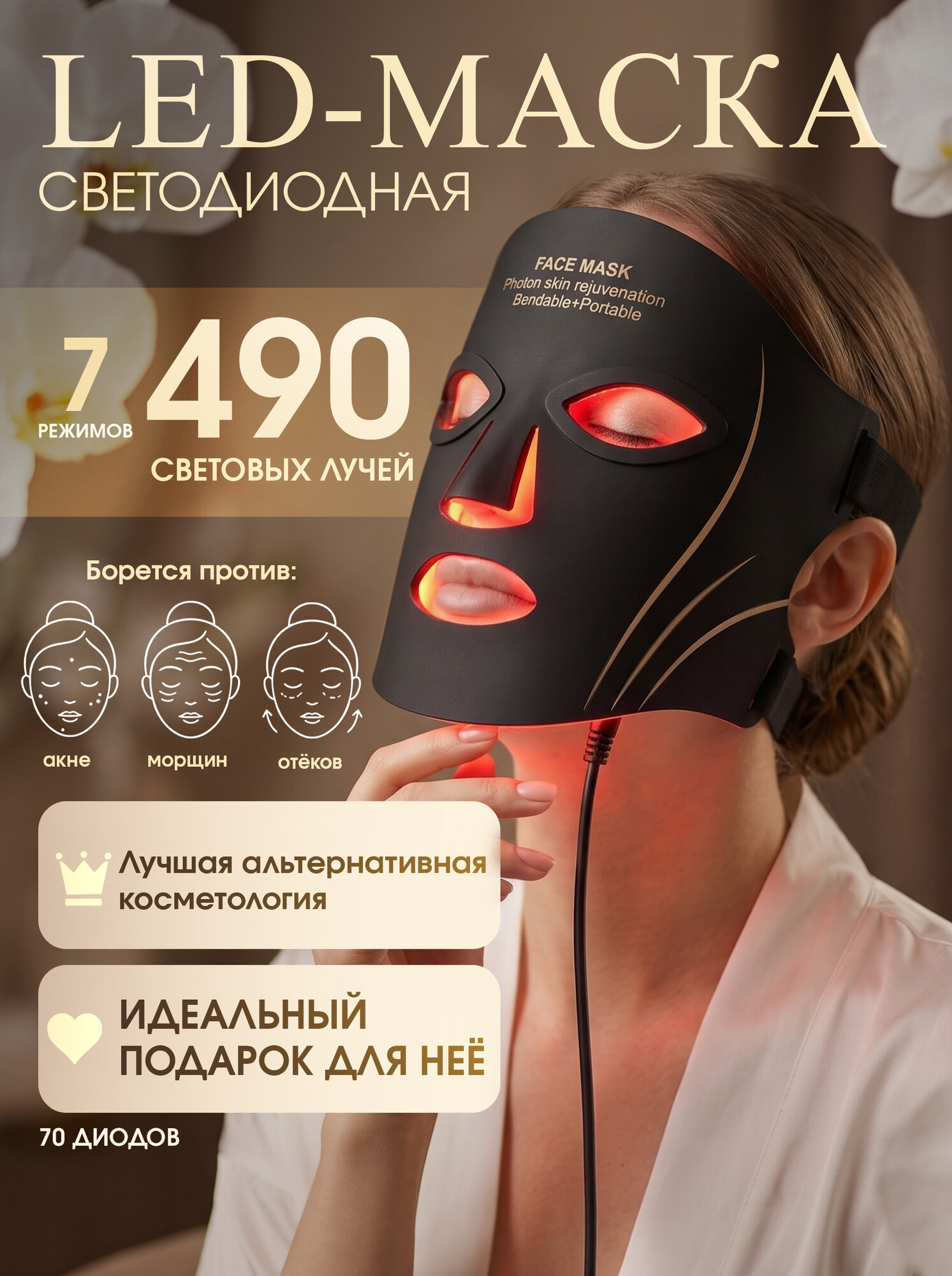 Светодиодная LED маска для лица Evo Beauty MJ06 беспроводная, силиконовая. Омолаживающая фототерапия для лица