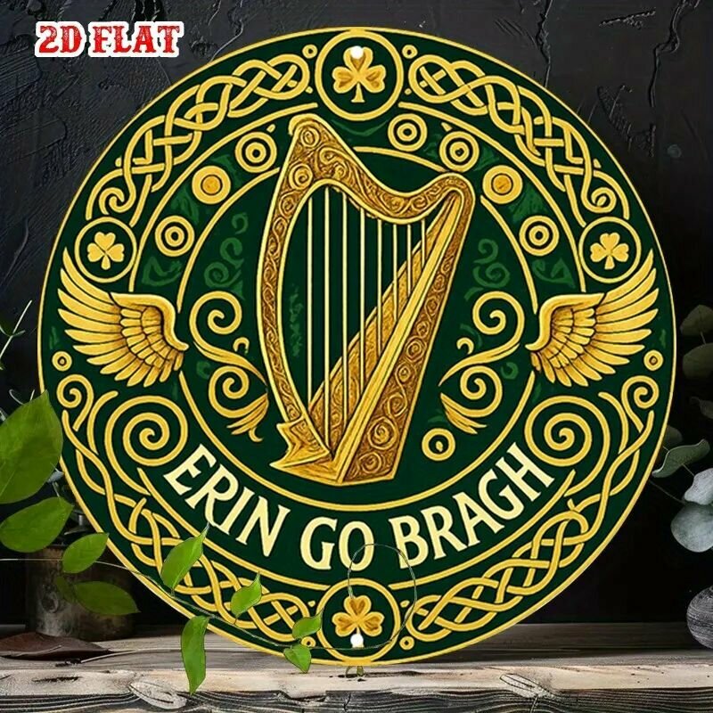 Зеленая золотая круглая табличка с надписью "Erin Go Bragh" и изображением арфы и трилистника, в деревенском винтажном ирландском стиле, идеально подходит для украшения интерьера.