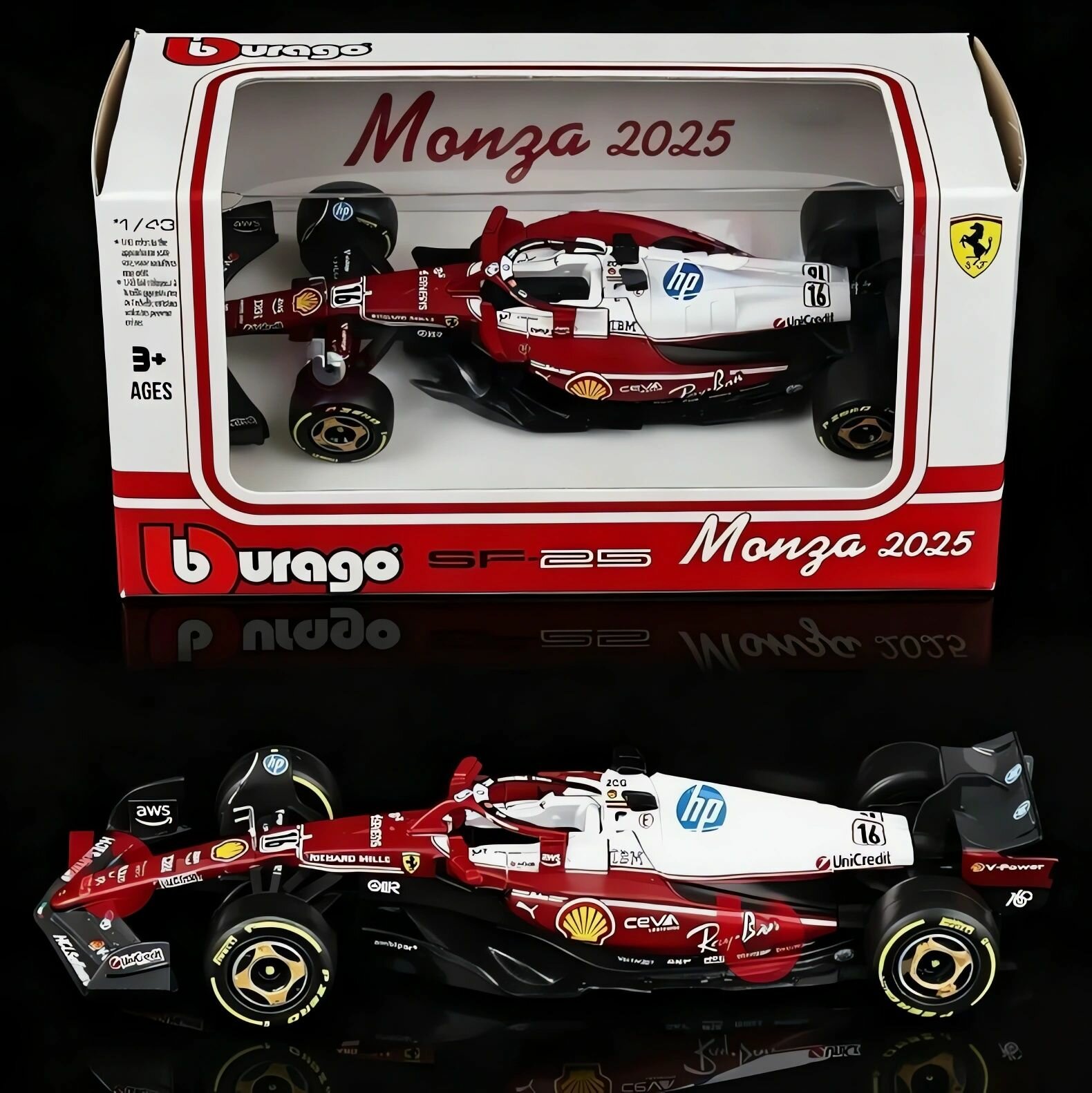 Коллекционная премиум модель "Bburago". Болиды Формулы-1 "Ferrari SF-25" №16/Monza edition. Гран-При Монцы. Шарль Леклер. Сезон 2025. Масштаб 1:43