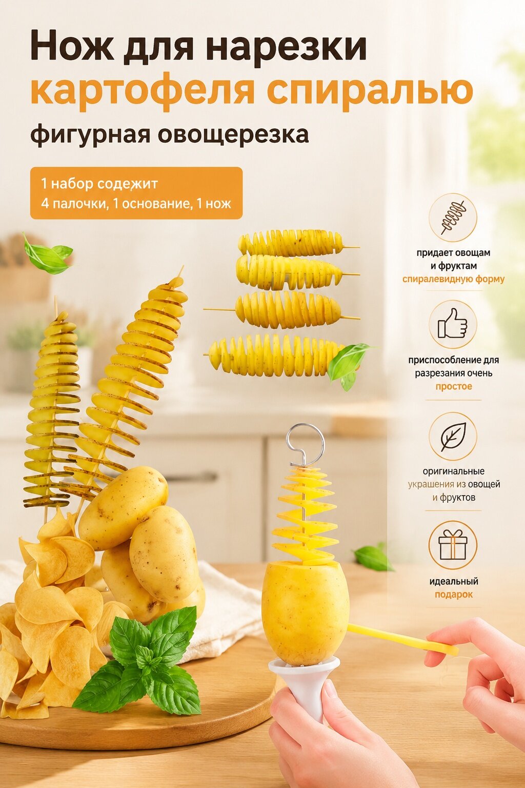 Нож для нарезки картофеля спиралью фигурная овощерезка 1 набор содержит 4 палочки, 1 основание, 1 нож спиральная нарезка набор для картофеля фигурная резка