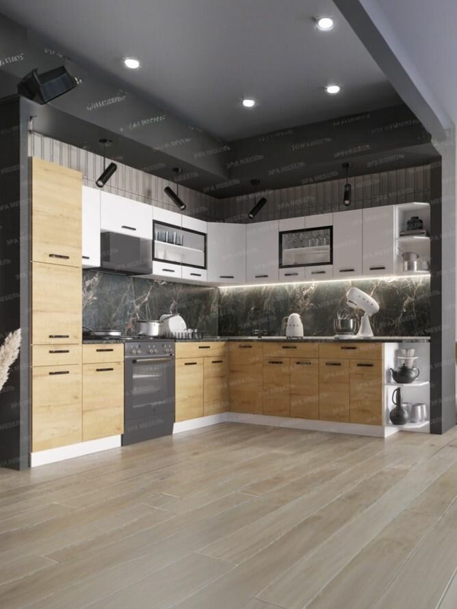 Кухонный гарнитур угловой Брауни 2,4х2,5м белый/дуб вотан без столешницы