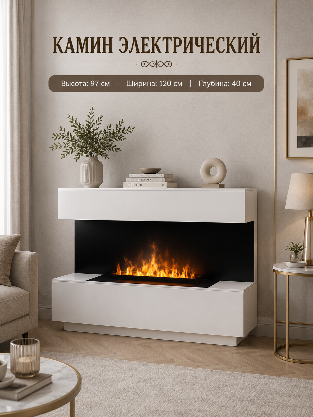 Электрокамин RealFlame Modern WT c 3D Cassette 630 черная панель, увлажнение воздуха