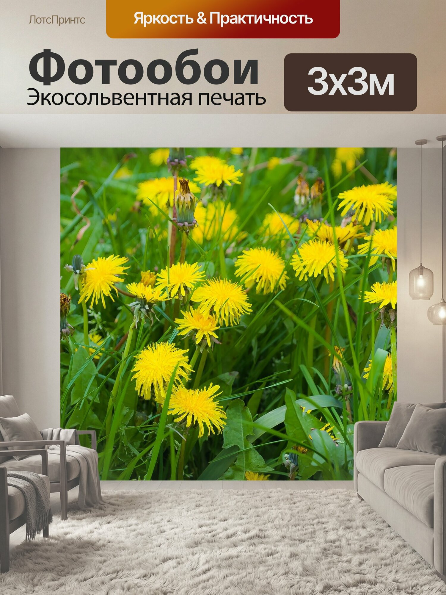 Фотообои "Одуванчик, одуванчики, пух" 300x300 см. экосольвентная печать