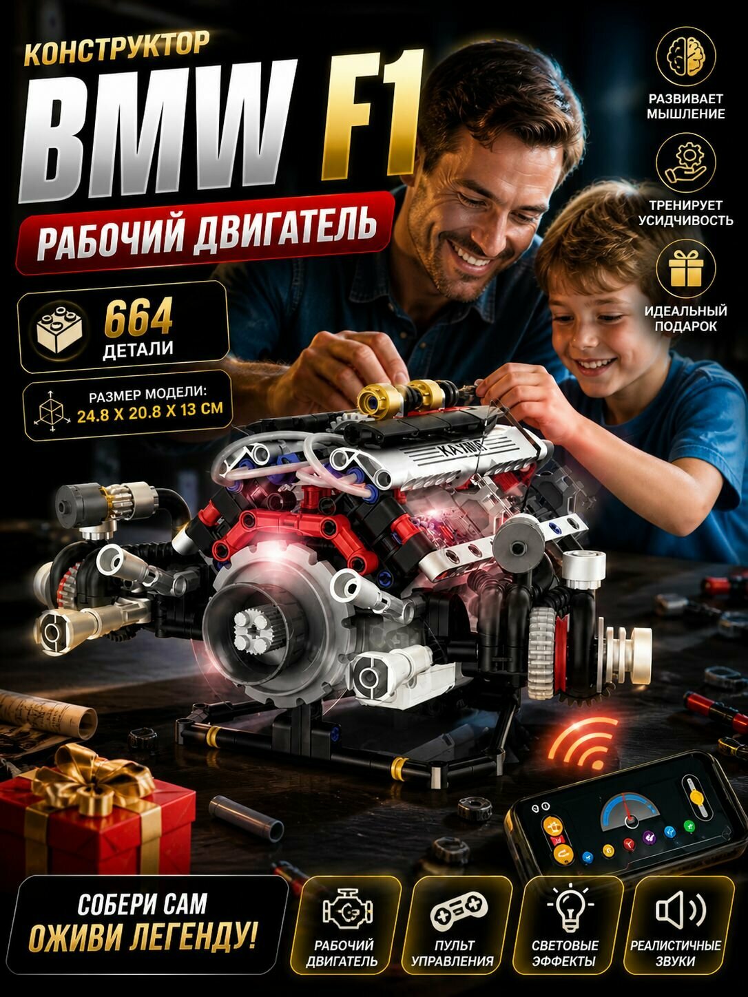Конструктор Двигатель BMW F1 V8 (664 деталей), игрушечный автомобильный двигатель, конструктор для мальчика, подарок для любителя механизмов