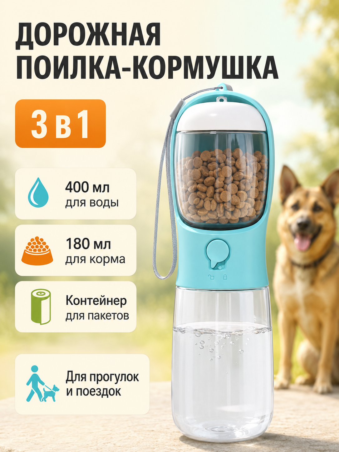 Поилка для животных дорожная 3 в1 , отсек для пакетов, для собак и кошек, бирюзовая