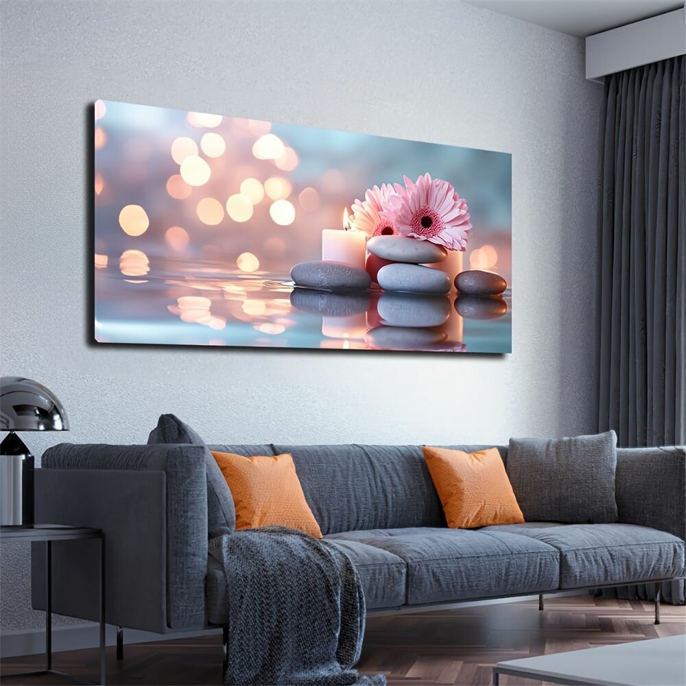 1 картина на холсте размером 30x60 см "Камень, цветок, свеча на воде", настенный постер и принт, картина для гостиной, спальни, столовой, офиса (без рамы).