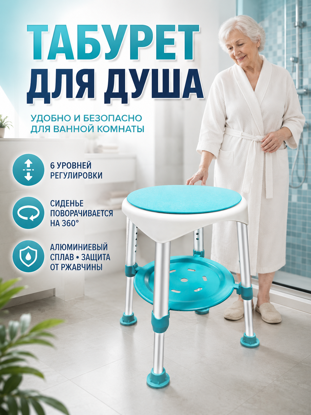 Стул для душа крутящийся на 360°, алюминиевая устойчивая конструкция с противоскользящими ножками для использования в ванной комнате