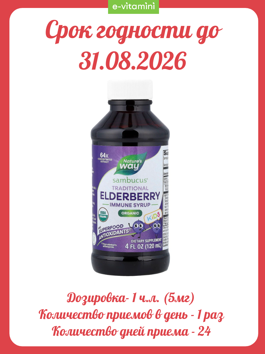 Сироп Nature's Way Kids Sambucus, с бузиной, для иммунитета, органический, для малышей от 1 г, 120мл