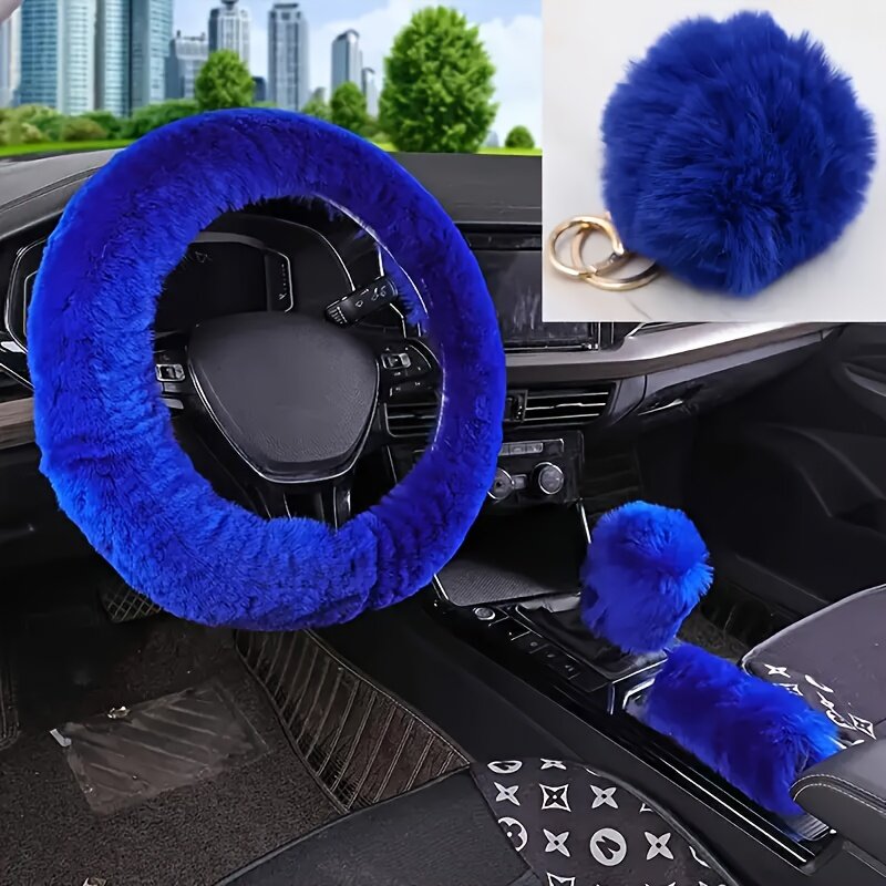 Зимний утепленный плюшевый комплект для салона автомобиля из 4 предметов: чехол на руль, защита салона, регулируемая накладка на ремень безопасности, синий
