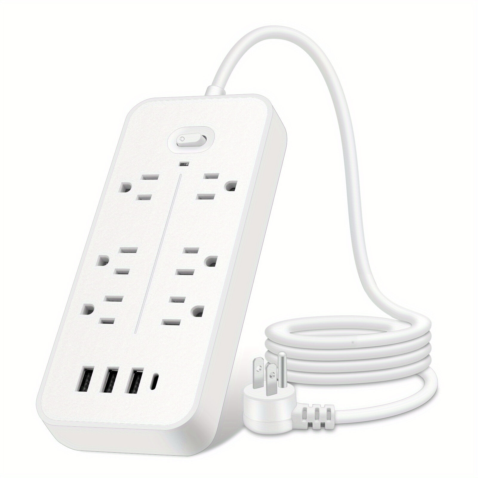 Удлинитель с защитой от перенапряжения, 6 розеток + 4 USB-порта, плоская вилка, настенный, белый