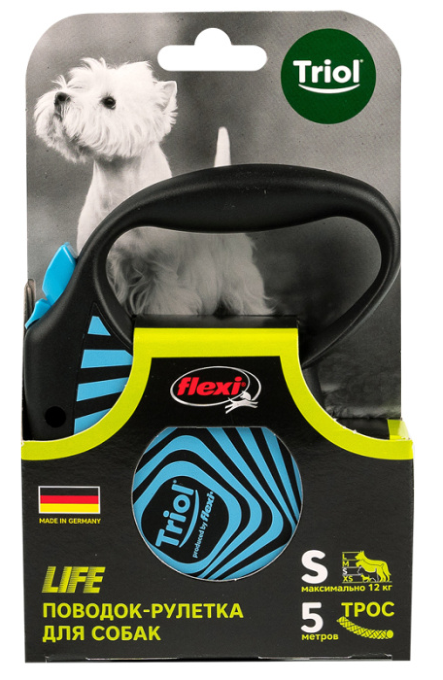 Поводок рулетка для собак Triol / Триол Flexi Life Geometry Blue S трос длиной 5м, нагрузка до 12кг / товары для животных