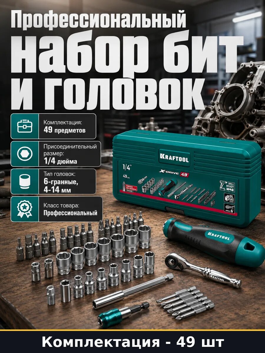 Комплект бит и головок с трещоткой 49 предметов кейс CrMo
