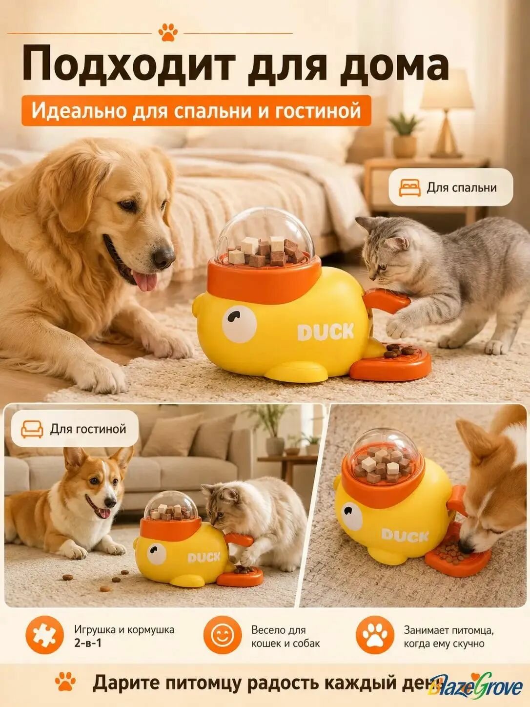 Интерактивная игрушка Уточка для собак и кошек, антистресс кормушка для лакомств прочная, медленное кормление, антискользящая конструкция прочная уточка-кормушка антискользящая кормушка