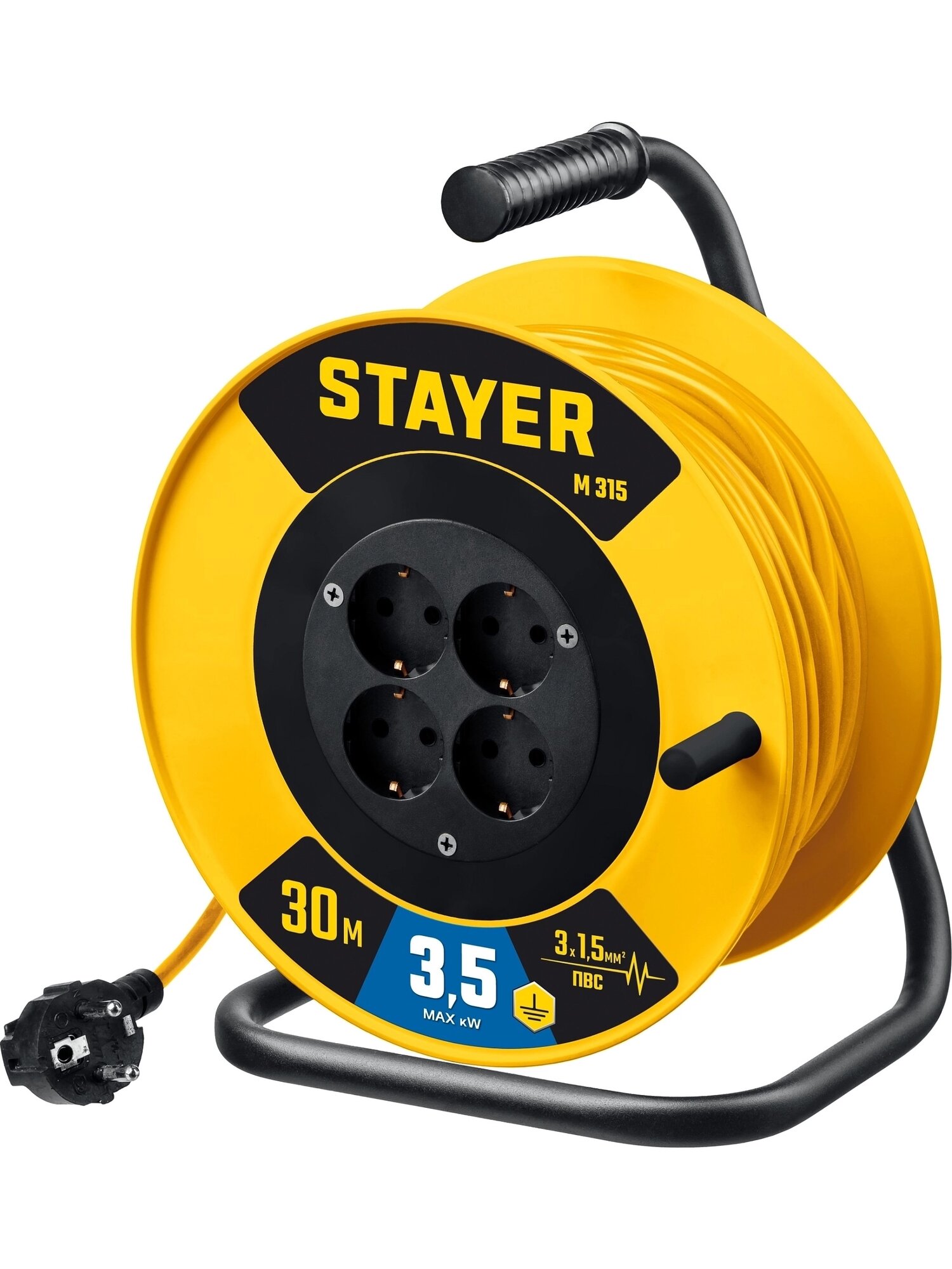 Силовой удлинитель на катушке STAYER M-315, ПВС, 3 x 1.5 мм2, 30 м, 3500 Вт