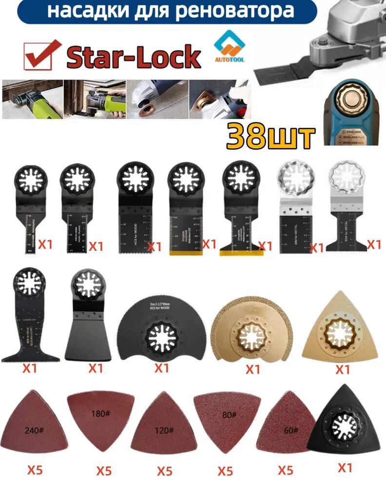Набор насадок для реноватора, Starlock совместим с Bosch/Fein/Makita, 38шт
