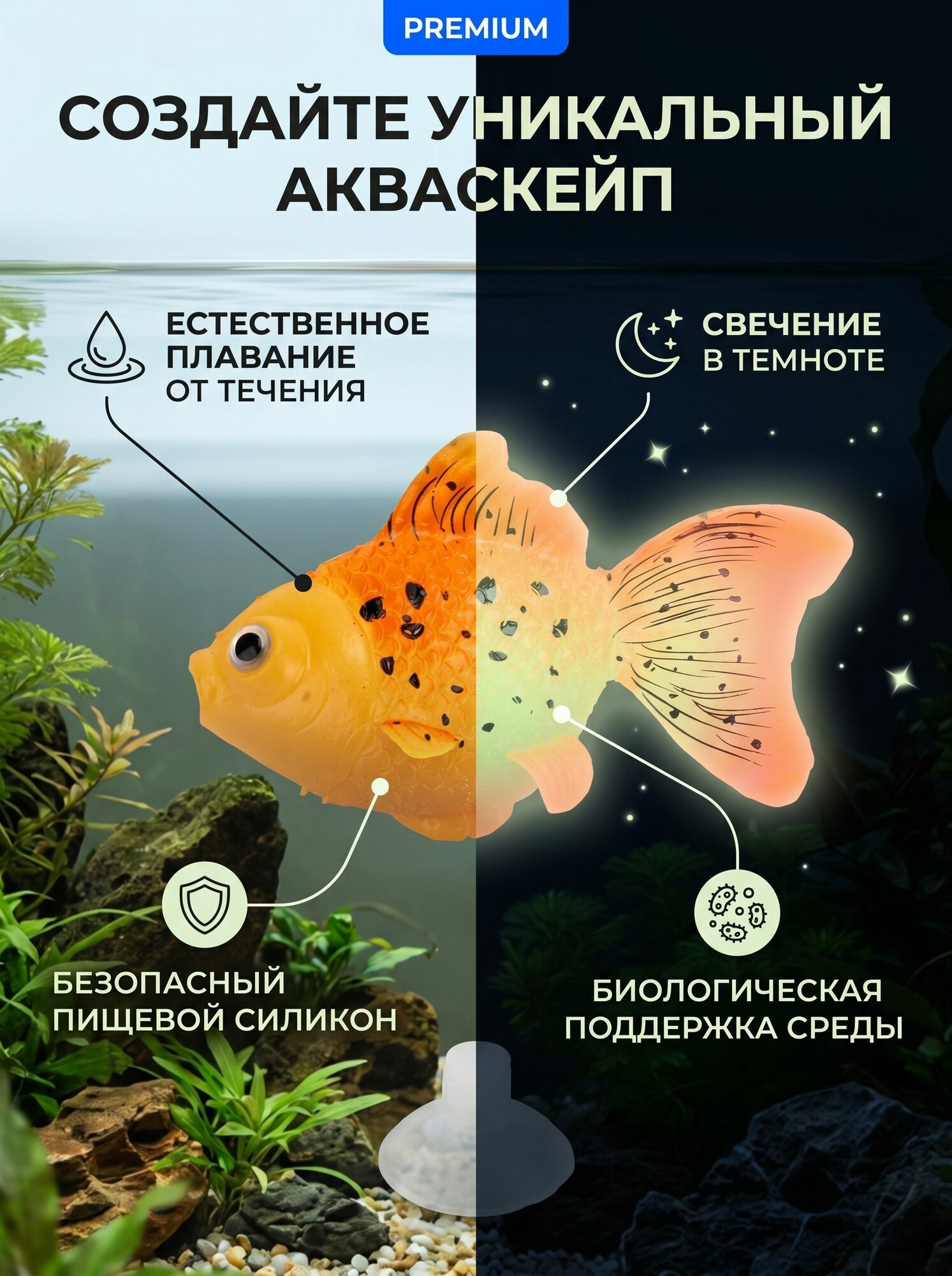 Светящаяся в темноте силиконовая рыбка 12 см, красная, реалистичная, с леской и присоской, декор для аквариума аквариумная декорация силикон рыбка светящаяся на присоске