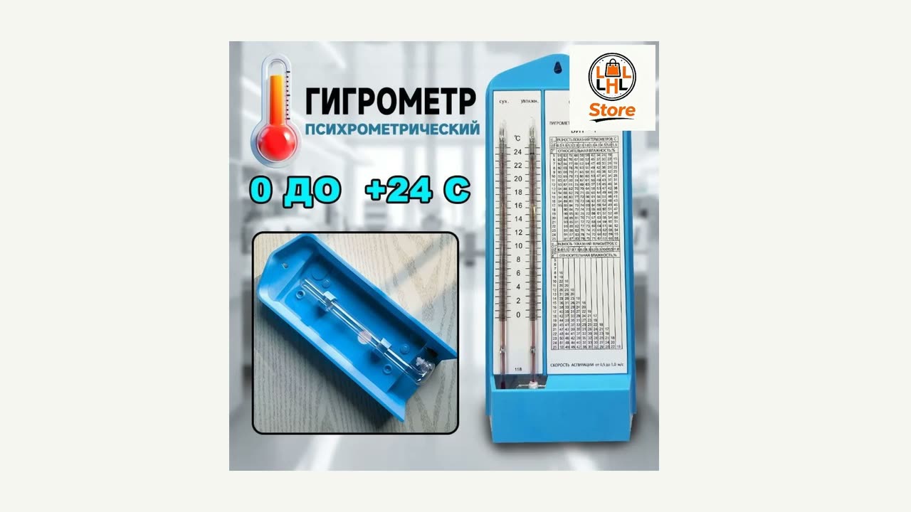 Гигрометр психрометрический для измерения влажности воздуха от 0 до +24 C, пластиковый корпус, синий цвет, размеры 290x120x50 мм — фото 1