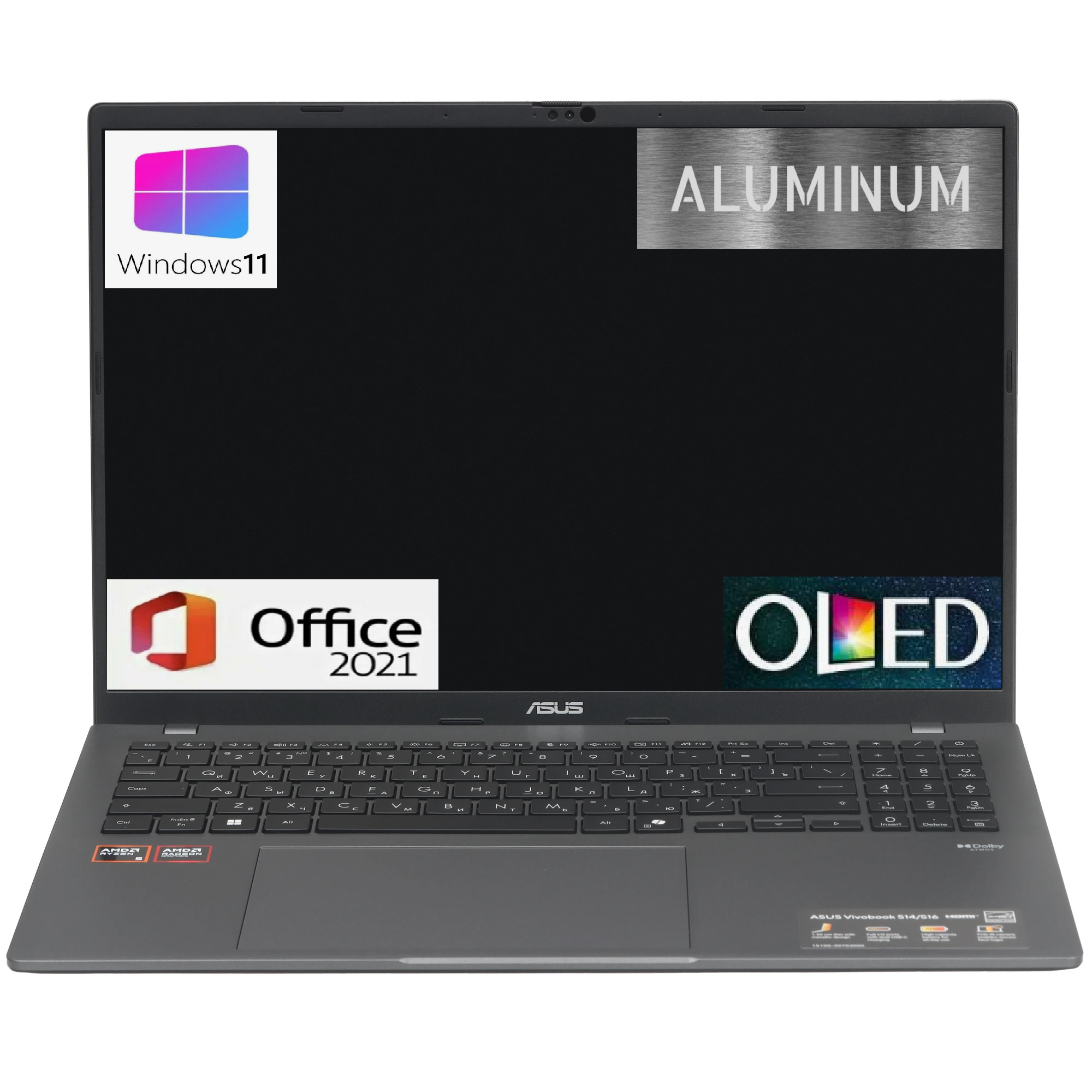 Ноутбук ASUS 16" OLED, AMD Ryzen 5 330 (8 пт до 4.5ггц) , RAM 16 ГБ, SSD 512 ГБ, Win 11 PRO+Office, рус. клав. с подсв.