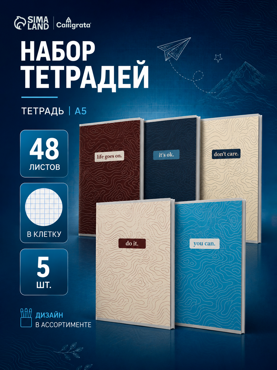 Комплект тетрадей 5 штук, 48 листов в клетку Calligrata «Линии», 5 видов
