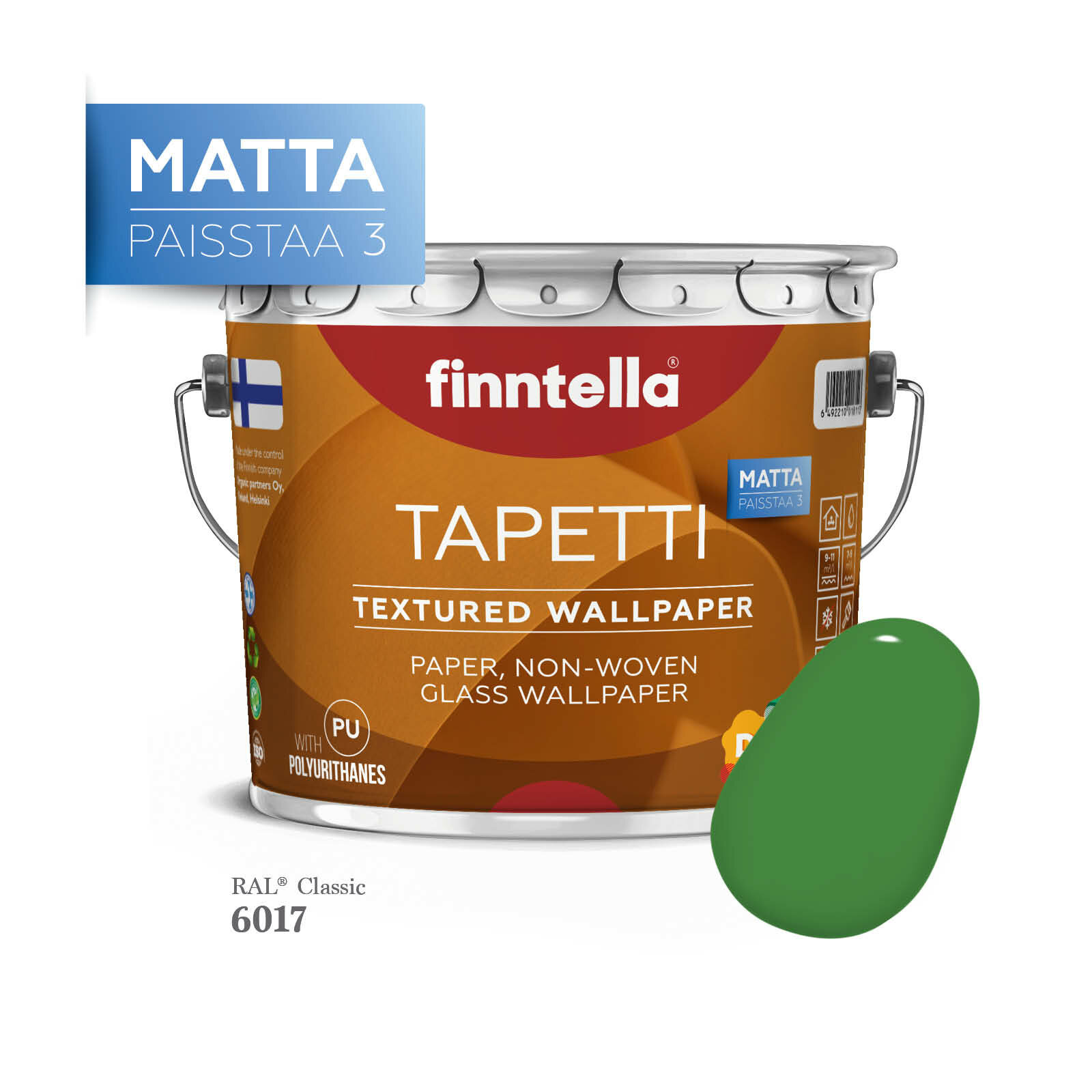 Матовая краска для обоев под окраску TAPETTI Matta FINNTELLA, Цвет RAL 6017 Майский зеленый (May green), 2,7л