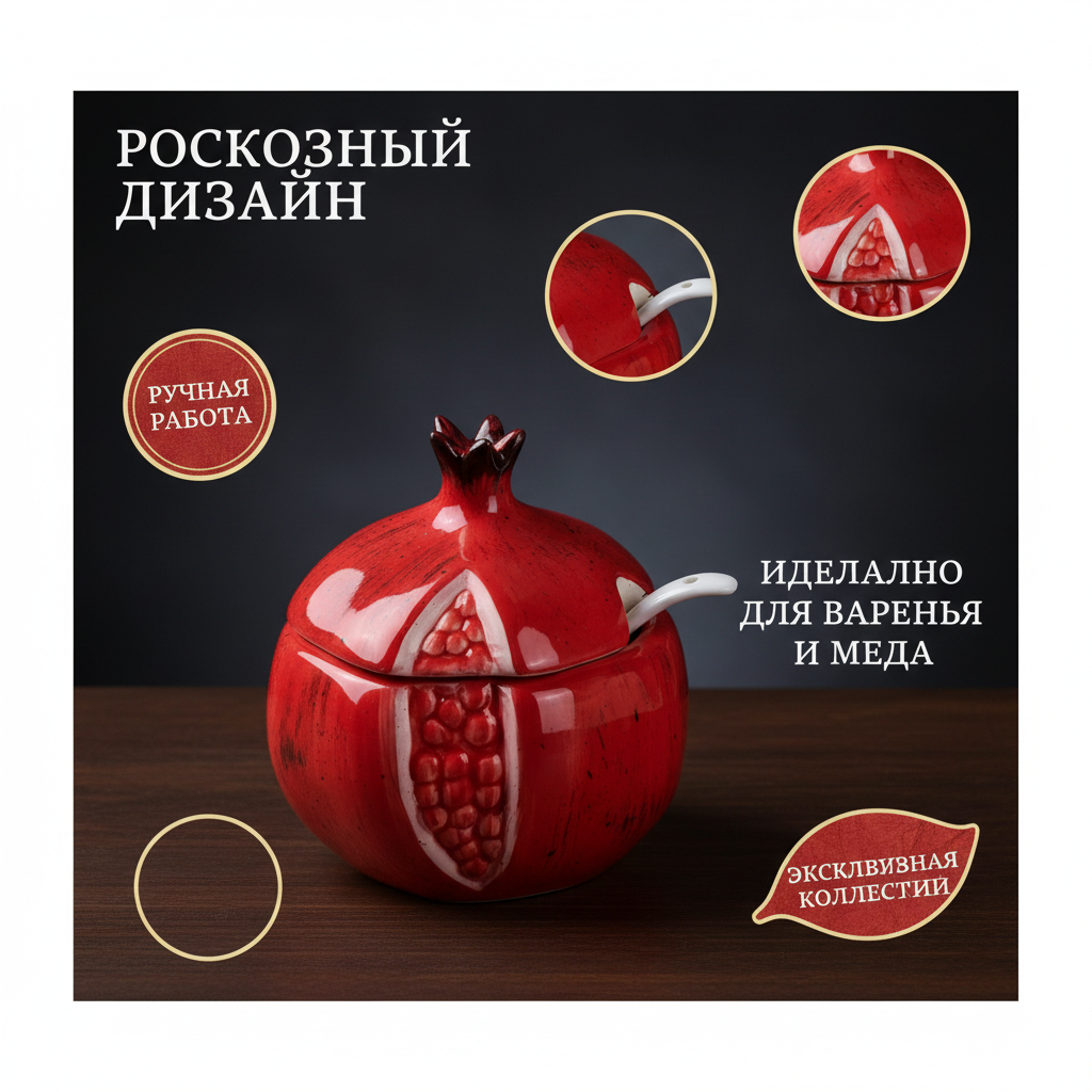 Сахарница керамическая в виде граната с ложкой, красная, диаметр 9 см, 1 шт
