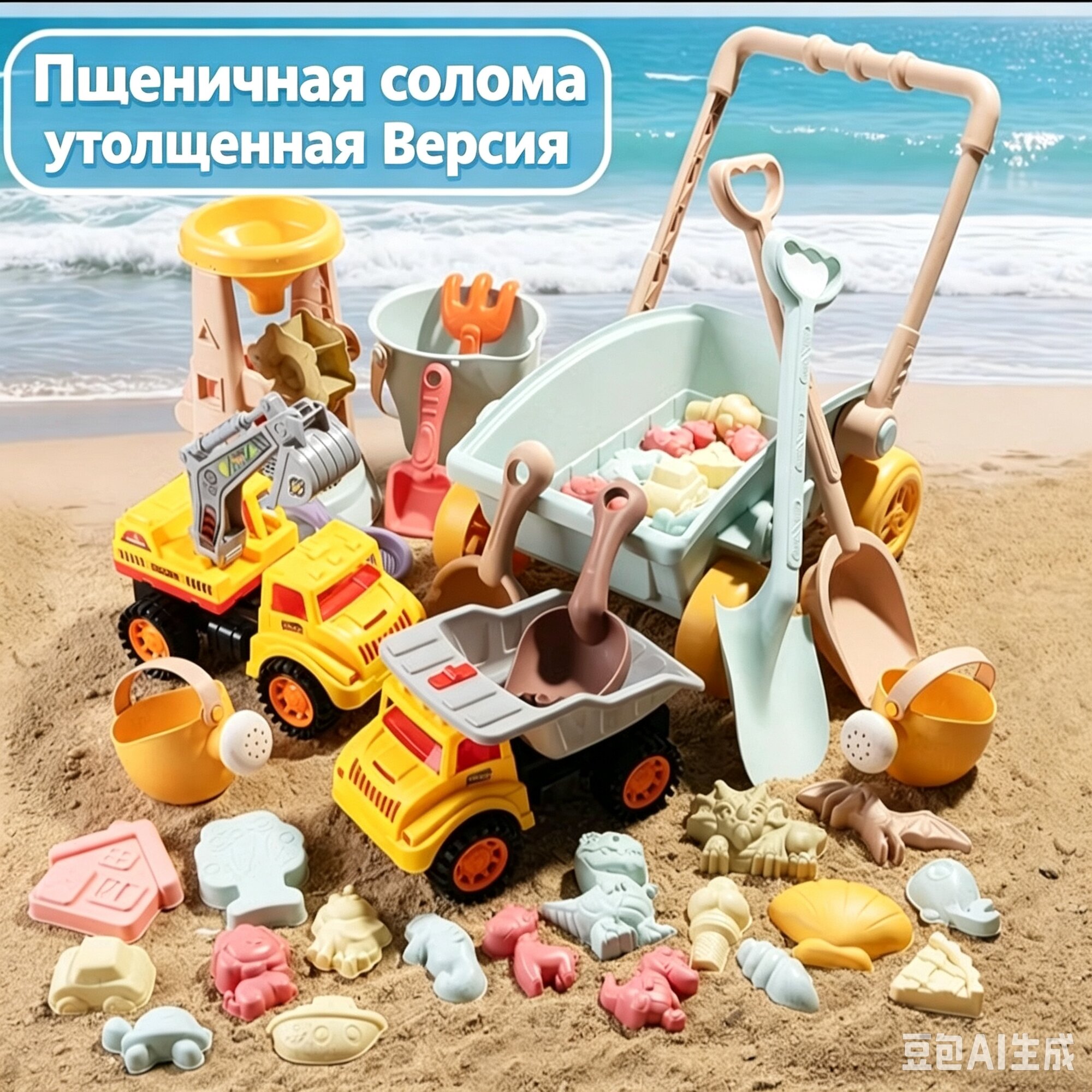 Максимальный набор пляжных игрушек 40 предметов из натуральной соломы, экскаватор, большая тележка, мельница, ведро,