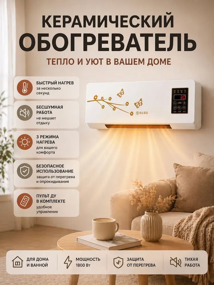 Тепловентилятор керамический обогреватель настенный, тепловая завеса с пультом ДУ, 2000 Вт, с золотым узором