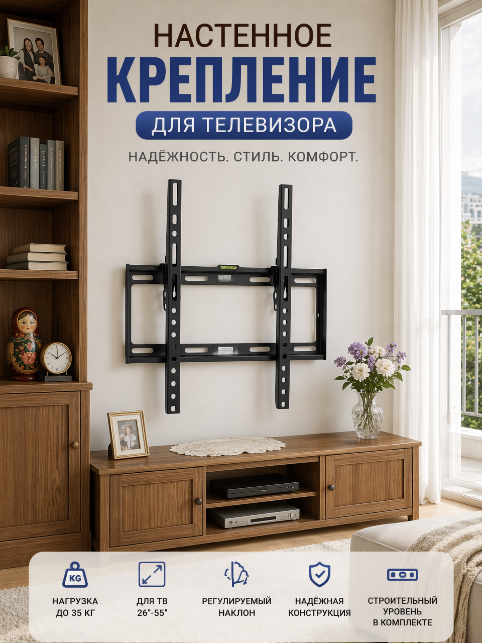 Настенный кронштейн, для ТВ, 26"-55", металлический, грузоподъемность до 35кг